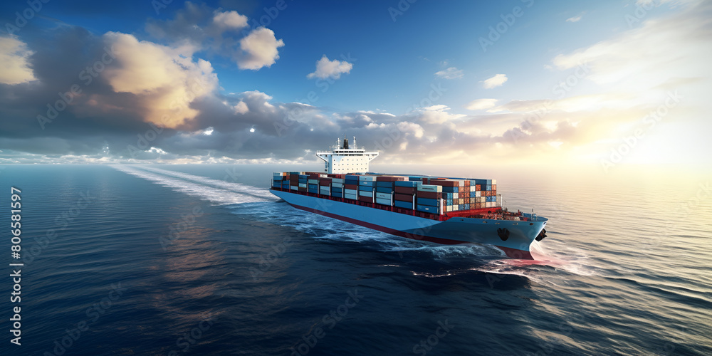 Model container ship on map represents global trade and transportation ...