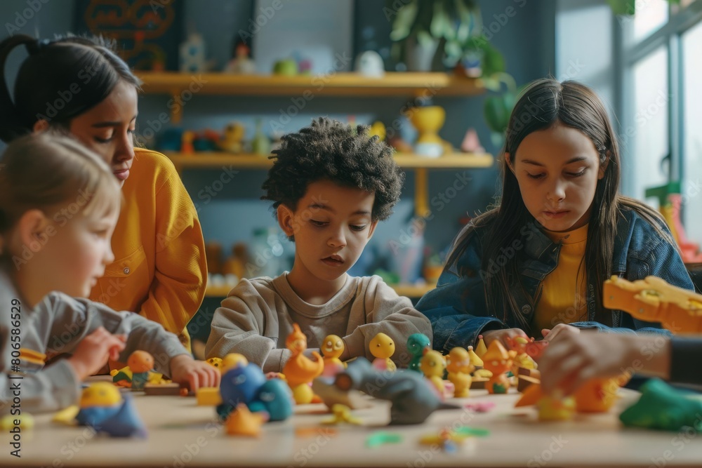 A group of kids creating stopmotion animation with clay figures on a ...