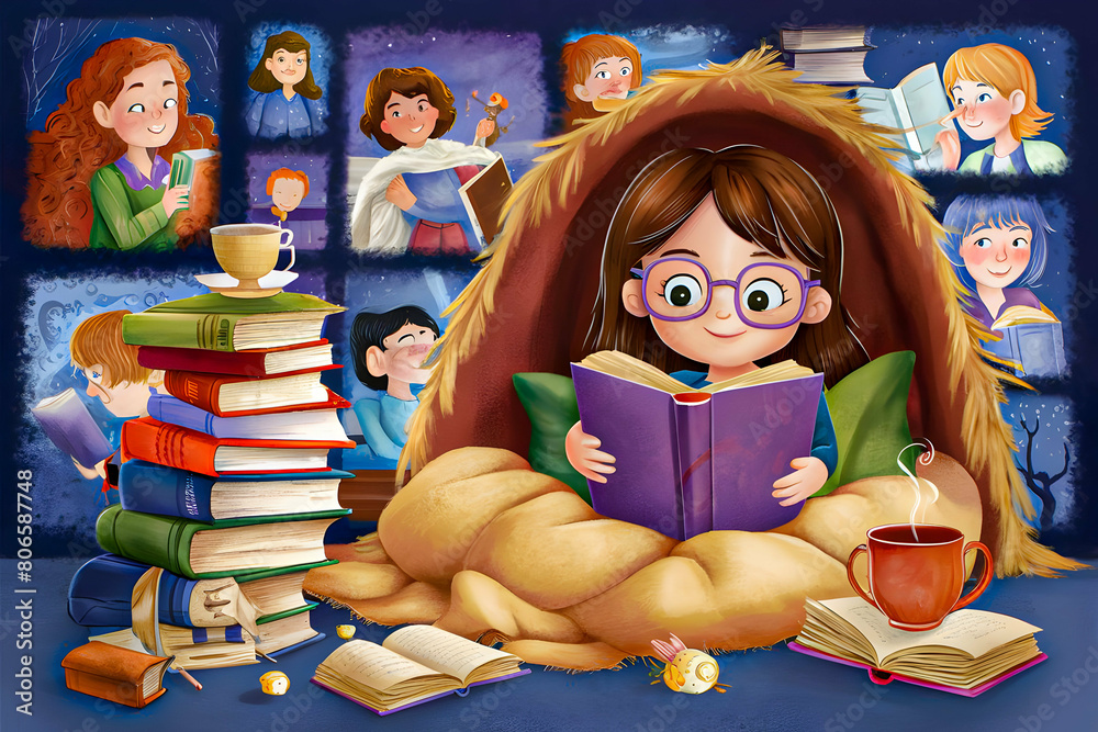 Cute child reading a book capturing the essence of relaxation and ...