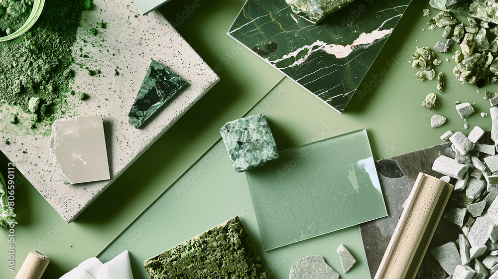Green color material palette. Material concept board with moss green ...