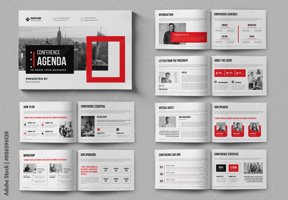 Landscape Conference Agenda Layout With Red Color Stock Template ...