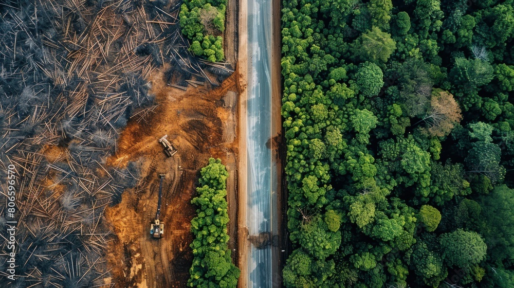 A bird's-eye view of the road on the left is a forest that has been ...