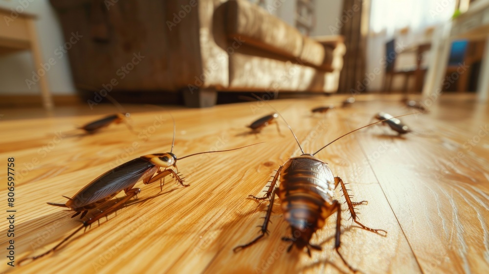 Cockroaches on the parquet floor Close-up of the background of the sofa ...
