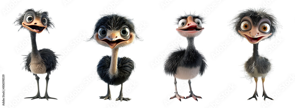 Set of 3D cute happy cartoon ostrich, isolated on white background, png ...