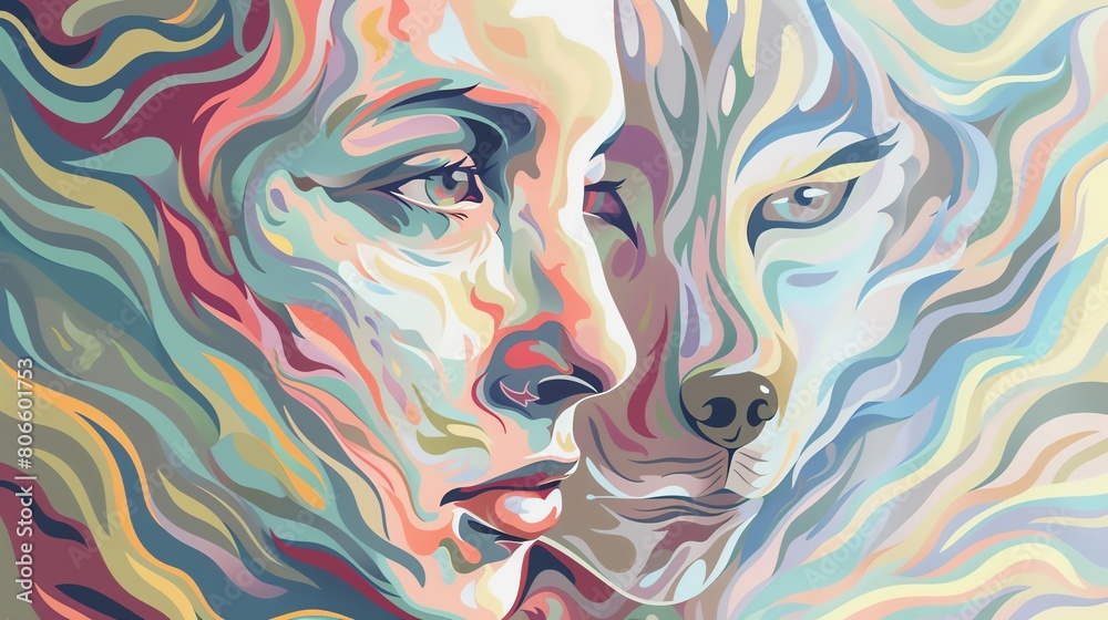 An abstract 2D portrait of a human face merging with the face of a wolf ...
