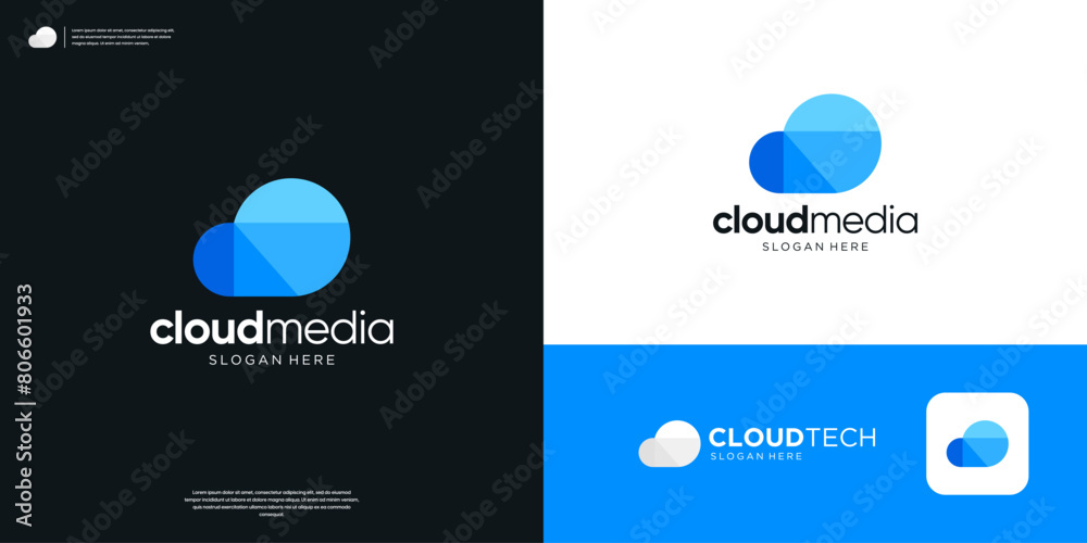 Geometric cloud tech logo design. Simple blue cloud logo vector database server storage. Stock ...