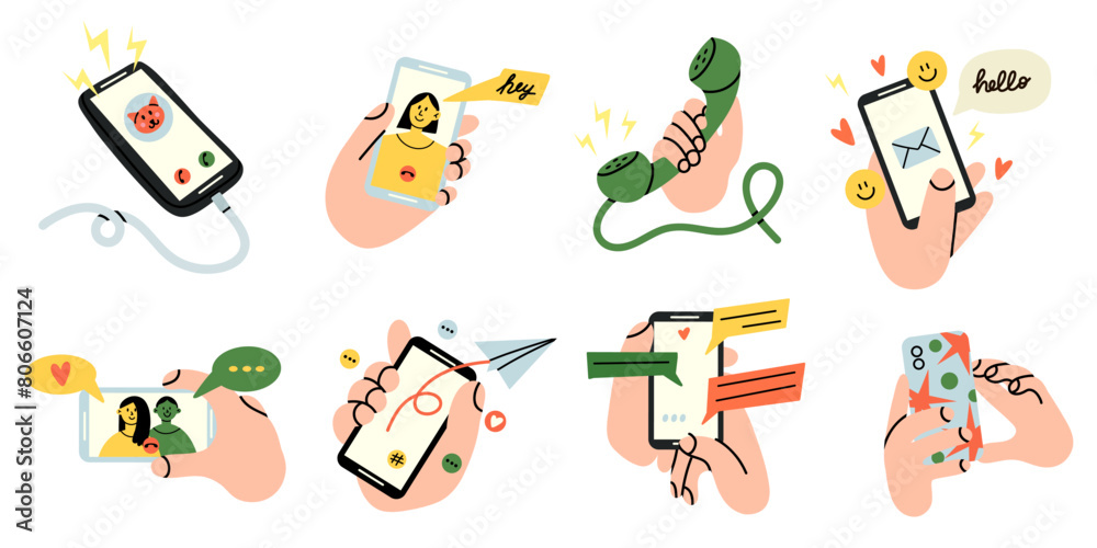 Smartphone communication. Hand hold phone. Chatting, video and text ...