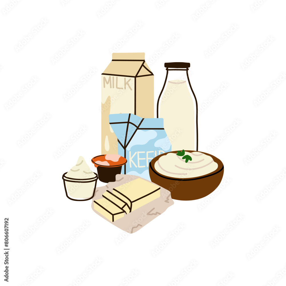 Dairy products set. Milk, kefir and yogurt in cardboard packaging ...