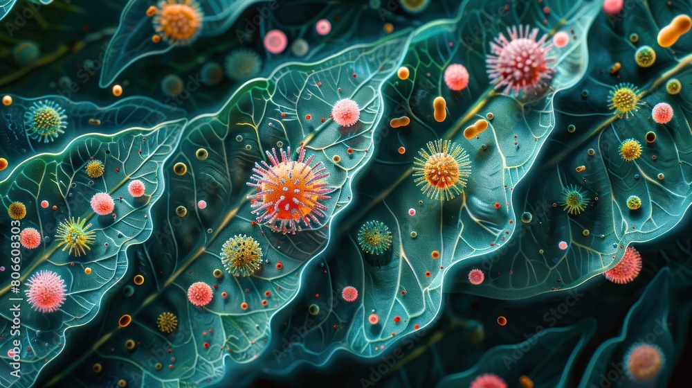 Intricate illustration of colorful bacteria colonies on the surface of ...