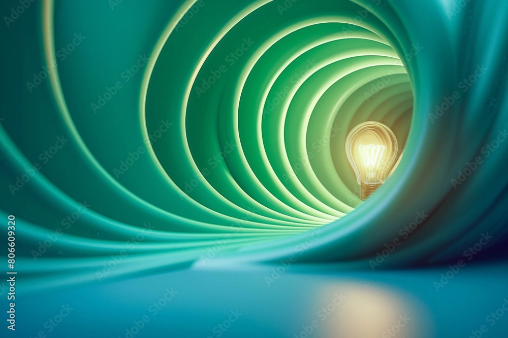 A single light bulb glows at the center of a mesmerizing green spiral ...