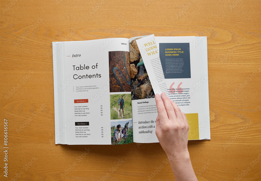 Mockup of person turning page on customizable A4 magazine Stock ...