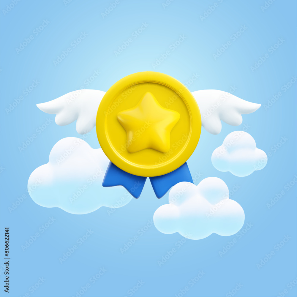 Vector realistic 3d winner concept. Gold medal with star, blue ribbons ...