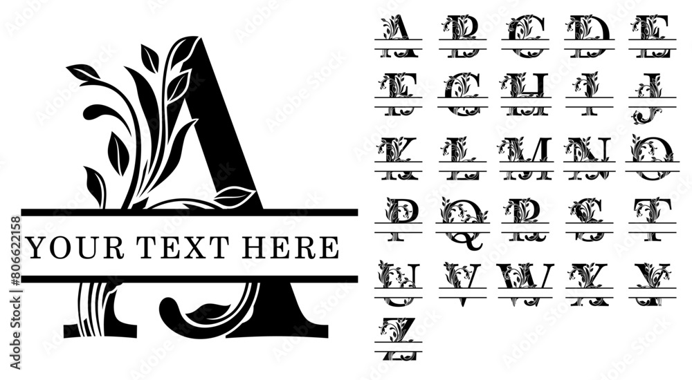 Floral Monogram Split Letters, Split Alphabet, Split Font Vector ...