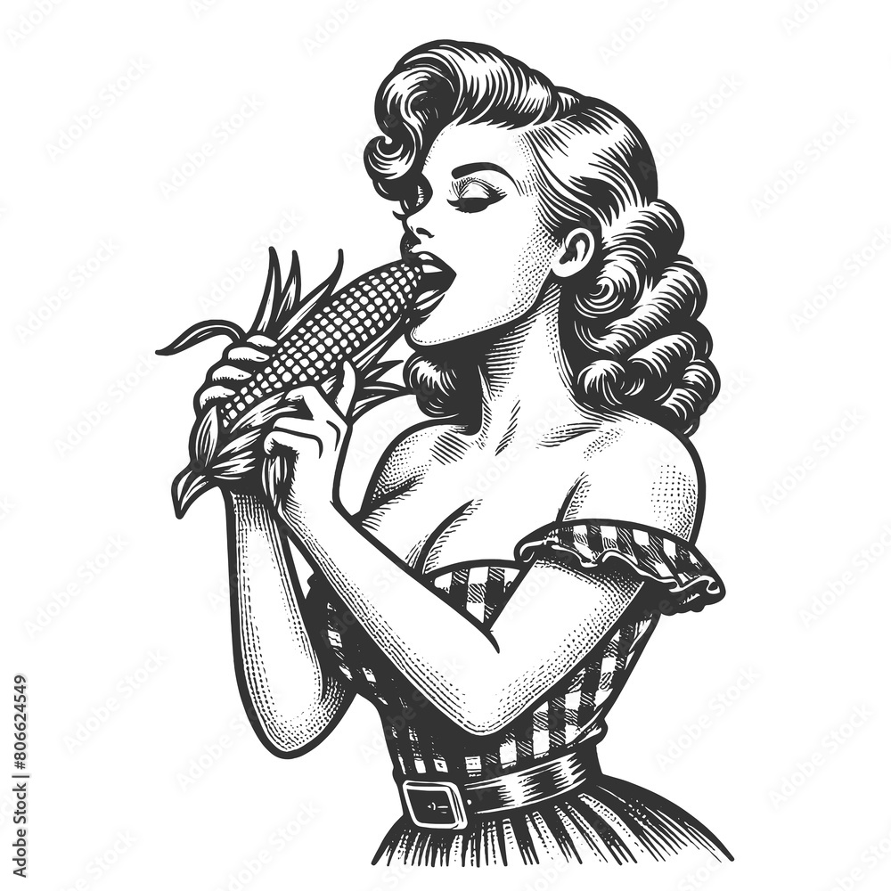 pin-up girl with an ear of corn, capturing a classic Americana vibe ...