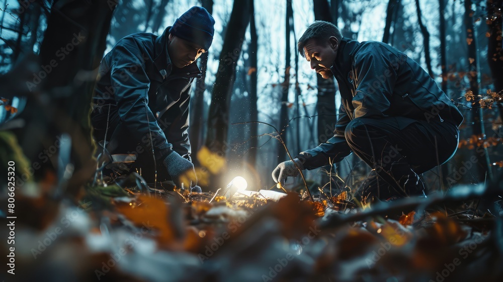 Detectives collecting evidence in a crime scene. Forensic specialists ...