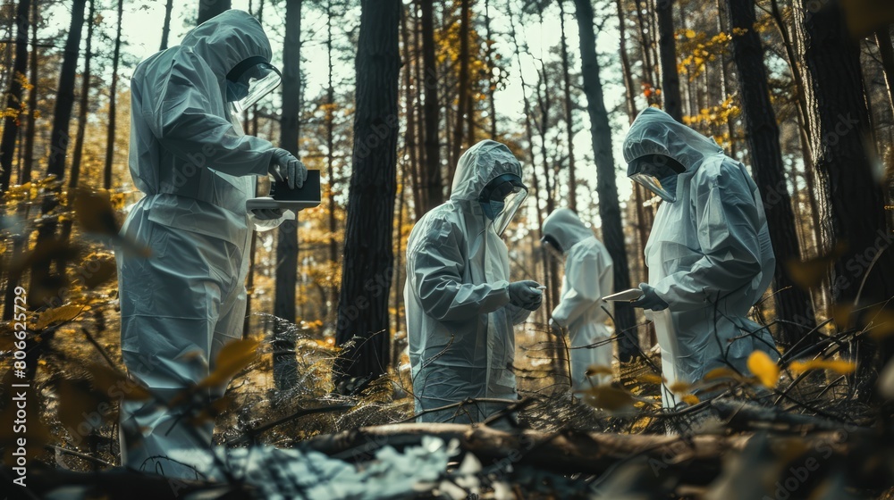Detectives collecting evidence in a crime scene. Forensic specialists ...