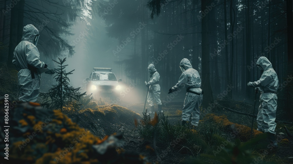 Detectives collecting evidence in a crime scene. Forensic specialists ...