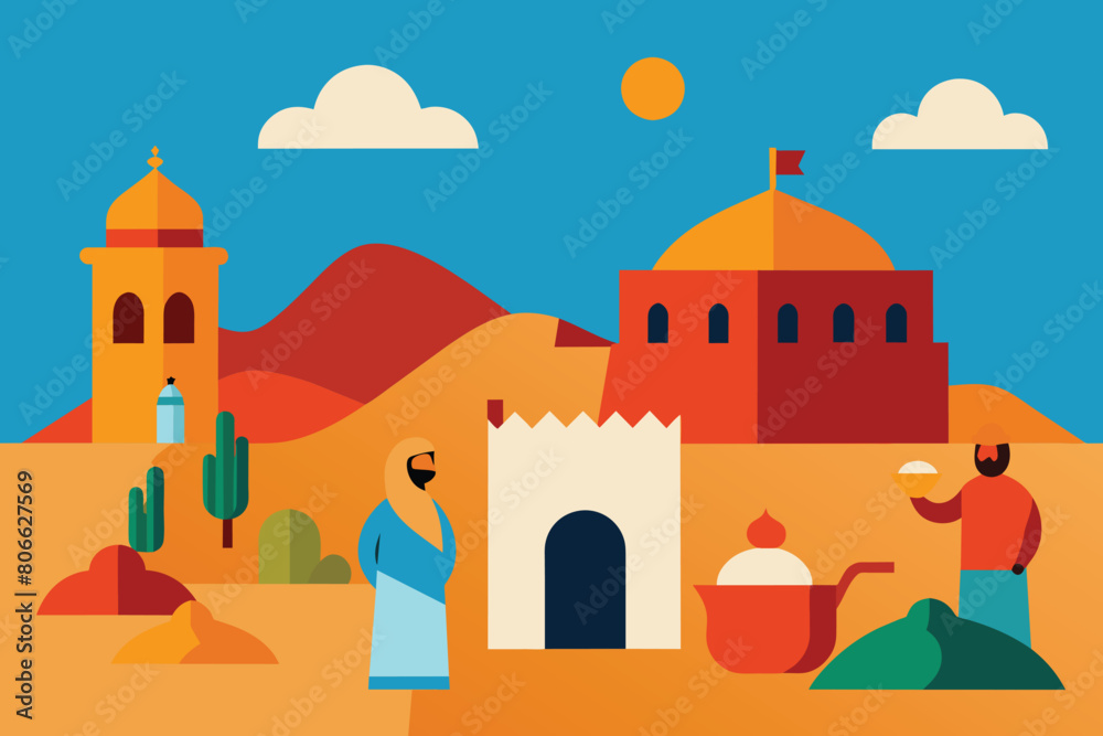 Vector illustration of Middle Eastern scene. Arabic desert landscape ...