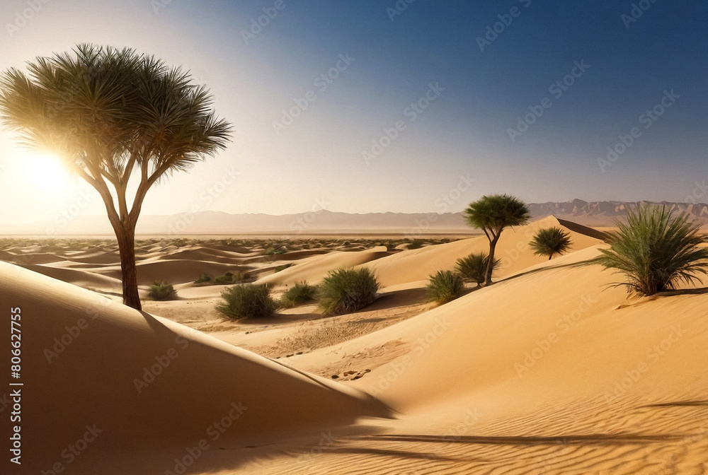 Nature background of vegetation trees in Sahara desert with sunny sandy ...