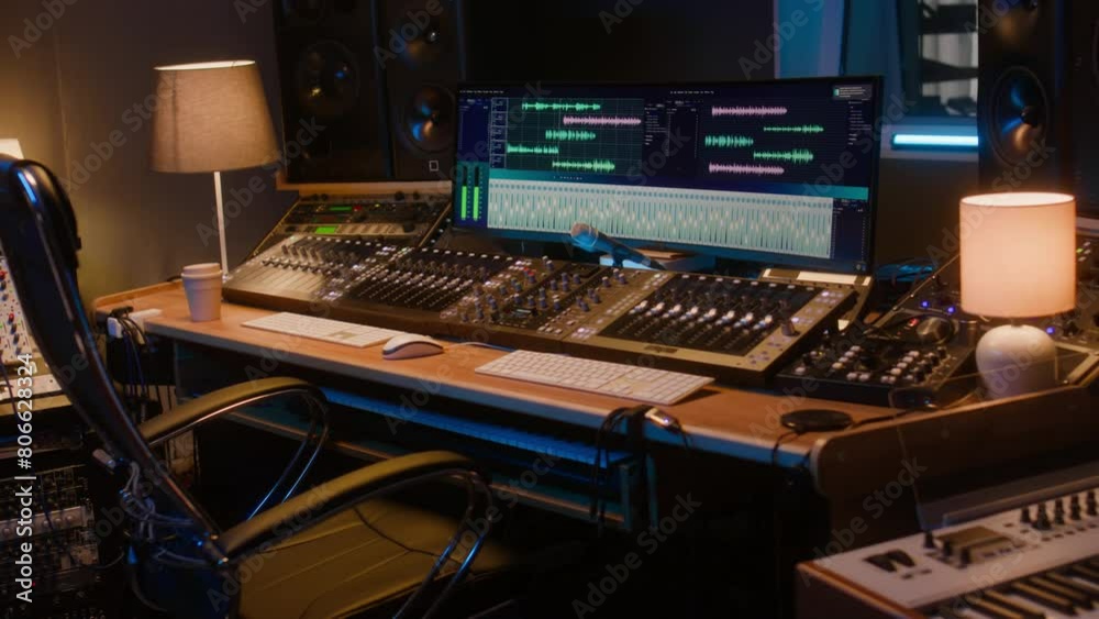 No people medium full of equipment at audio engineers desk in control ...