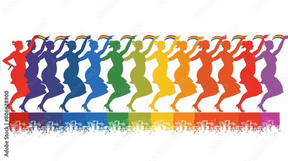 A group of women are dancing in a rainbow line. The women are all ...