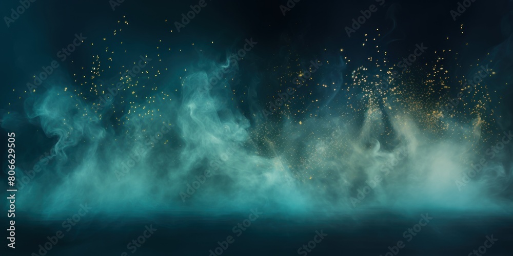 Cyan smoke empty scene background with spotlights mist fog with gold ...