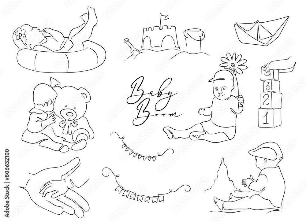The set of kids logo in line art with text Baby boom, hand-drawn ...