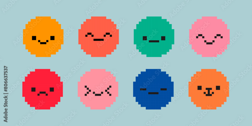 Pixel face set. Various pixel art faces, happy and sad. 8bit acid style ...