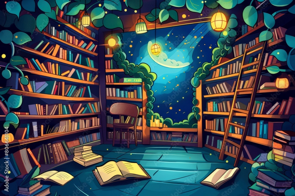Cartoon cute doodles of a library where the books come to life at night ...
