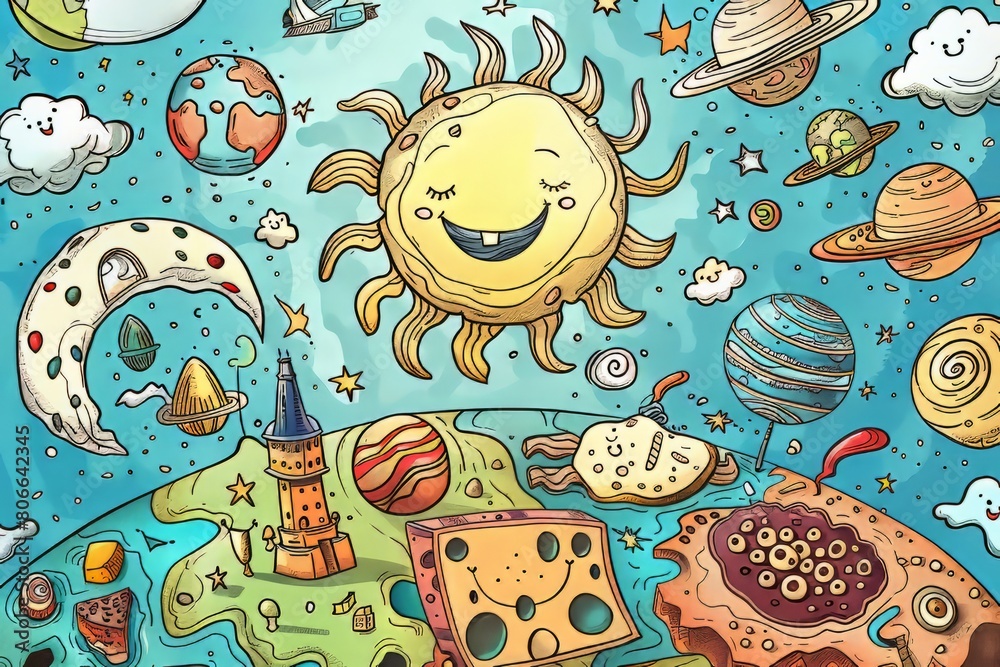 Cartoon cute doodles of a world where everyone wears hats made of ...