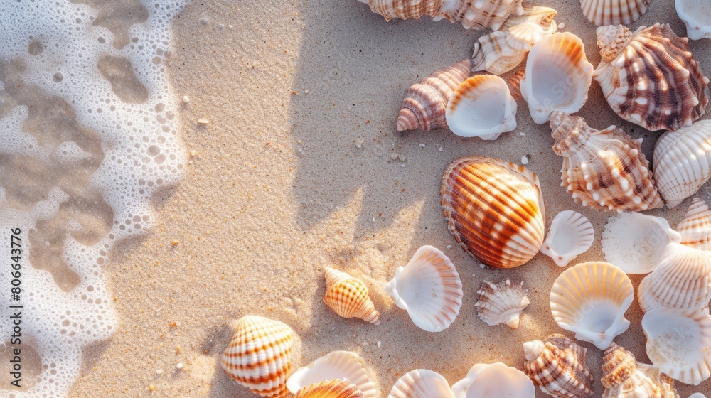 The shells on the beach sand, light beige color, minimalist imagery ...