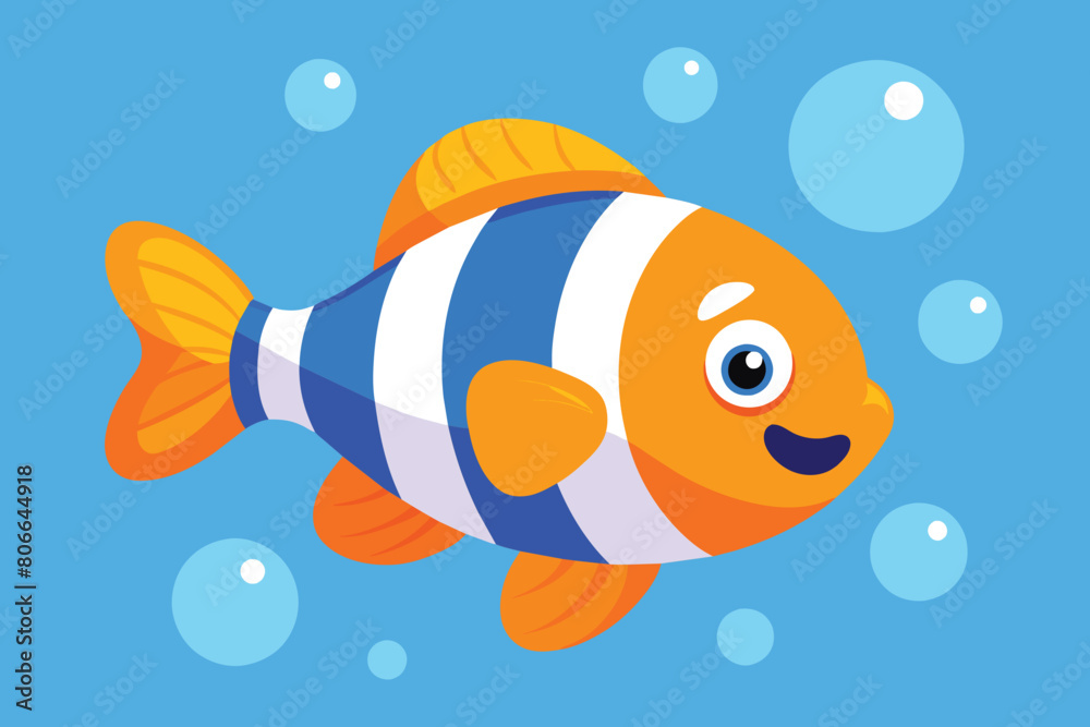 Watercolor Cute Aquatic Animals, Fish, Clown fish. Cartoon, green fish ...