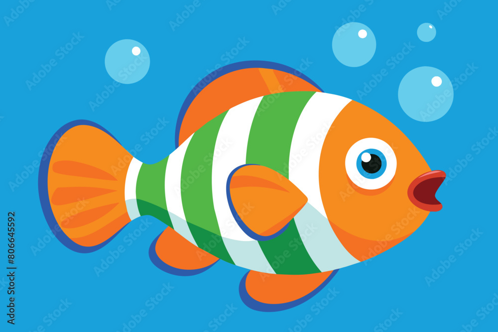 Watercolor Cute Aquatic Animals, Fish, Clown fish. Cartoon, green fish ...