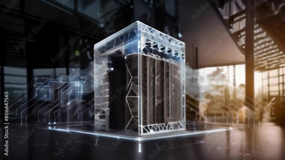 Transparent 3D wireframe model of a modern high-rise building or ...