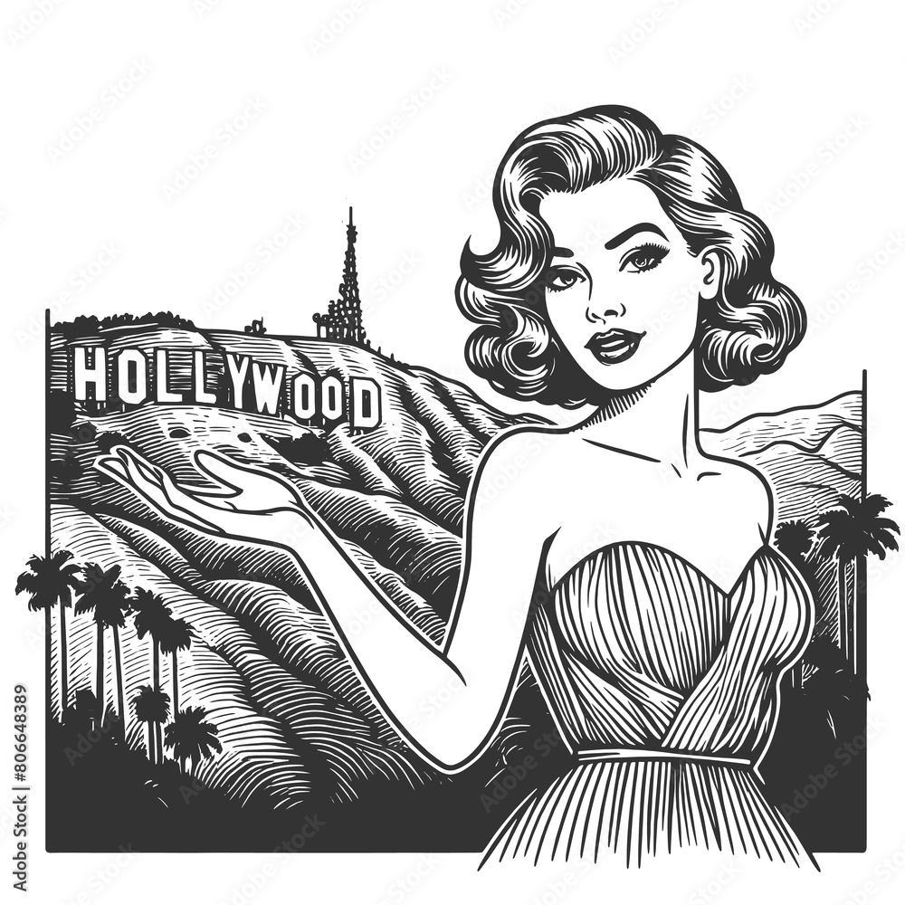 glamorous classic Hollywood starlet with the iconic Hollywood sign in ...