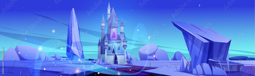 Fantasy castle on magic night background. Vector cartoon illustration ...