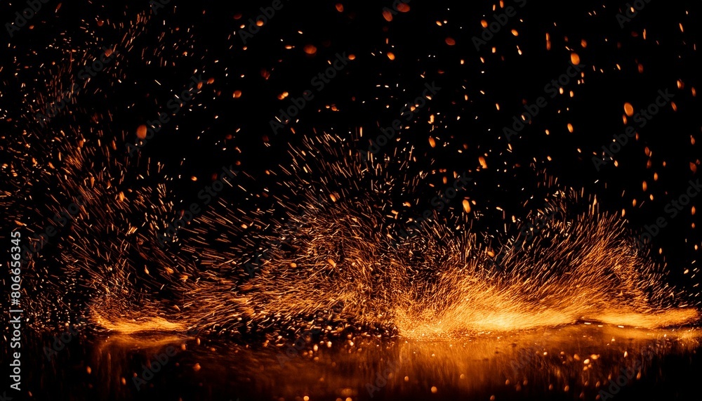 Fire embers particles over black background. A close-up shot of fiery ...