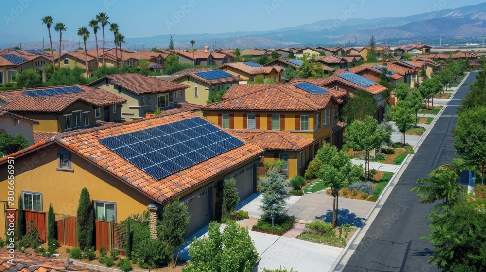 A bird's eye view of a suburban neighborhood, every house equipped with ...