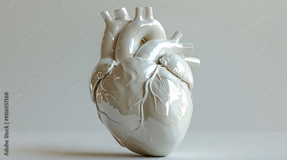 A white, 3D printed model of a human heart with the left ventricle ...