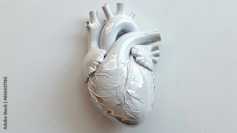 A white, 3D printed model of a human heart with the left ventricle ...
