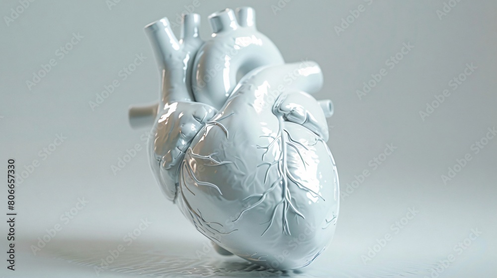A white, 3D printed model of a human heart with the left ventricle ...