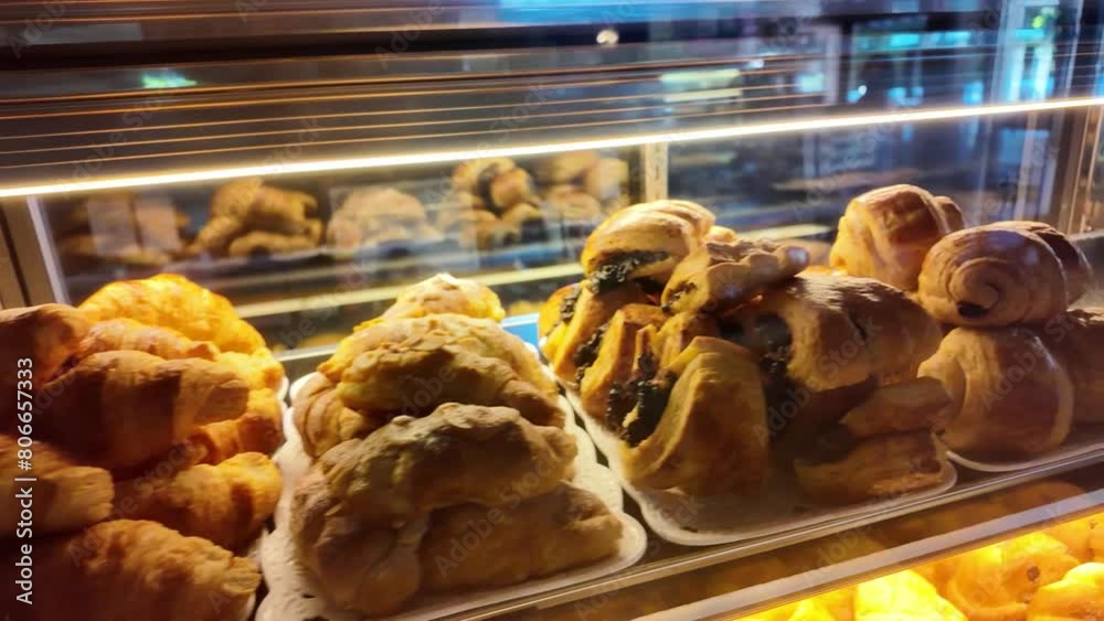 4k video footage of Various types of bread on display in a bakery or ...