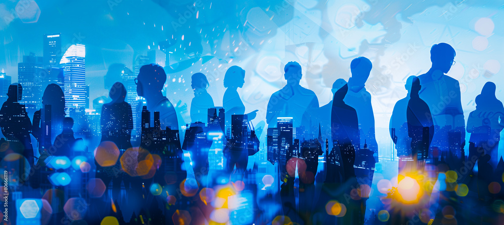 Silhouettes of business people, business network in blue colours ...