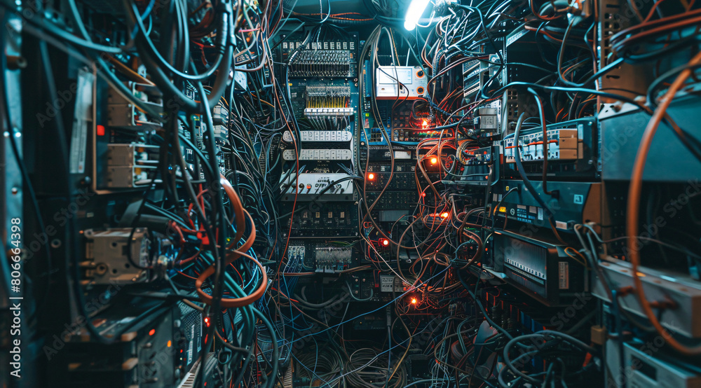 Complex network server wiring chaos, Close-up view of tangled cables and wires in a data center ...