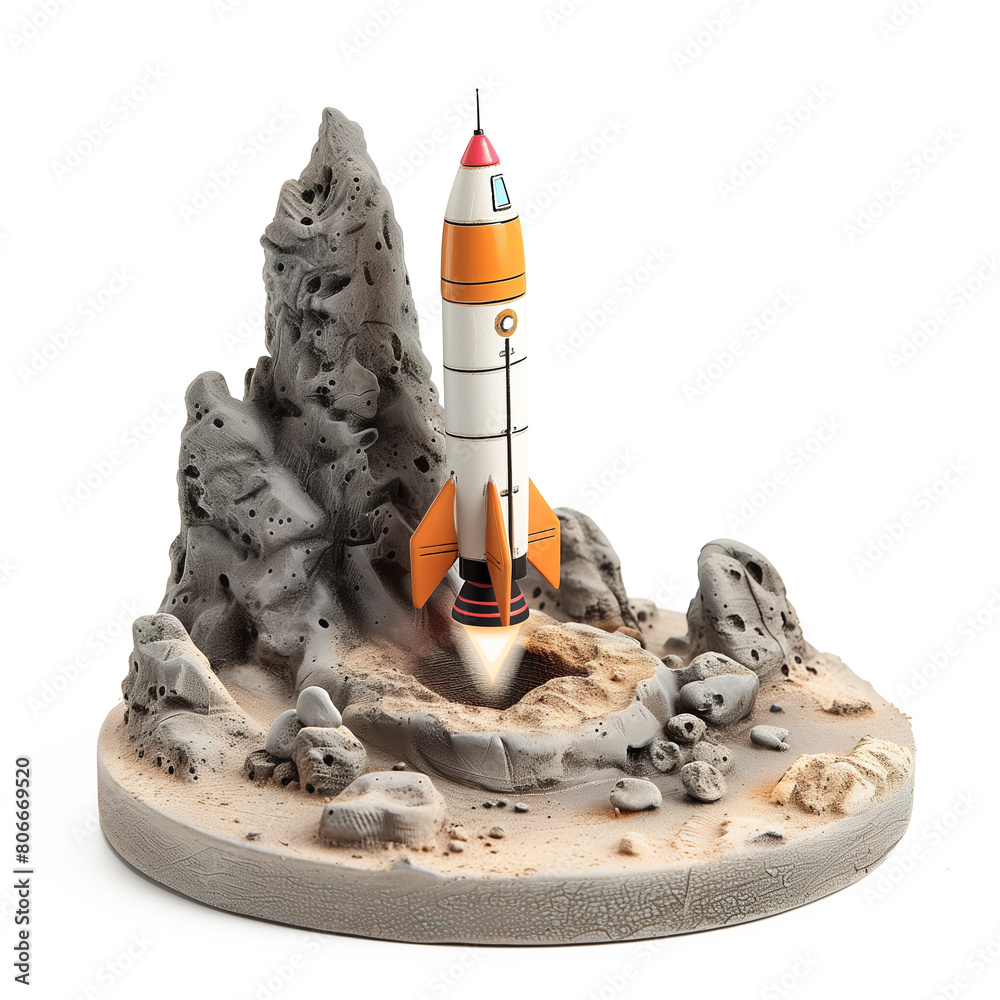 Space adventure. Diorama of the space rocket lift off at the planet ...