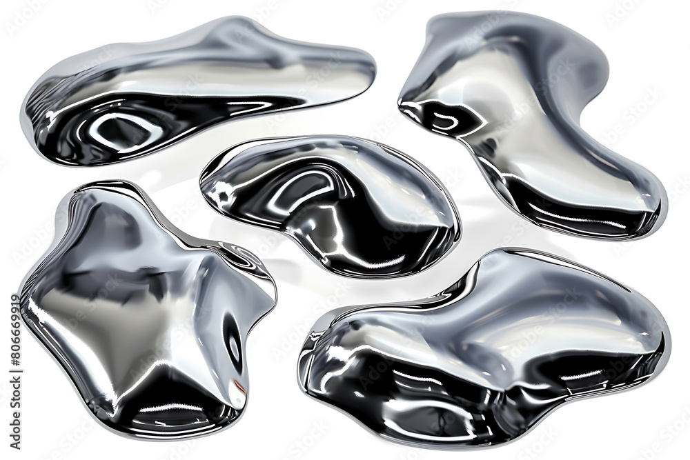 Y2K Melty chrome shapes isolated. Spilled liquid metal drops Stock ...