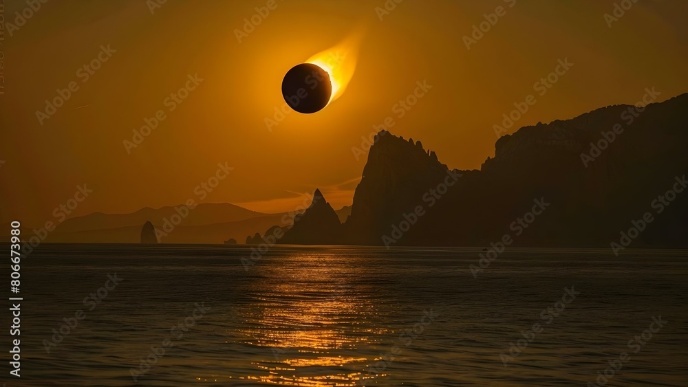 Total solar eclipse over the sea in 2024. Concept Solar Eclipse ...