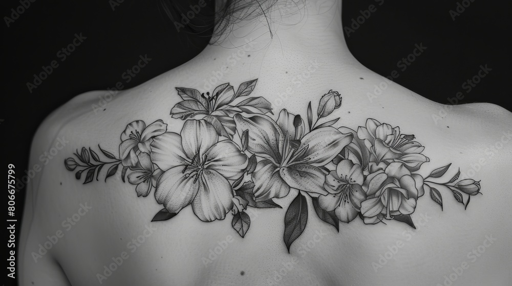 Stunning back tattoo featuring a cascade of various flowers from roses ...