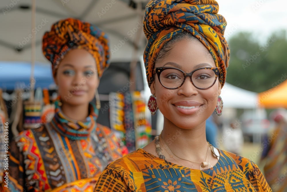 Two women in vibrant traditional African clothing set up a stall at a ...