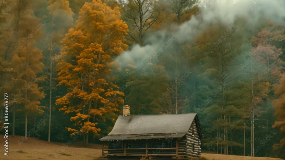 A rustic log cabin surrounded by trees with smoke filling the air as it ...